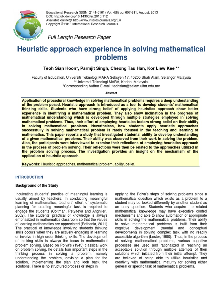 Heuristic Approach Experience in Solving Mathematical Problems | PDF | Heuristic | Thought