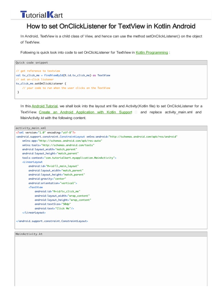 Set Onclicklistener For Textview in Kotlin Android | PDF | Android (Operating System) | Software