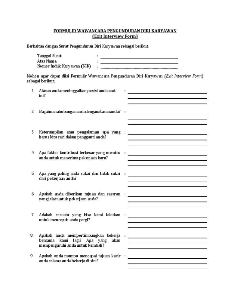 Draf Formulir Wawancara Pengunduran Diri Karyawan (Exit Interview Form ...