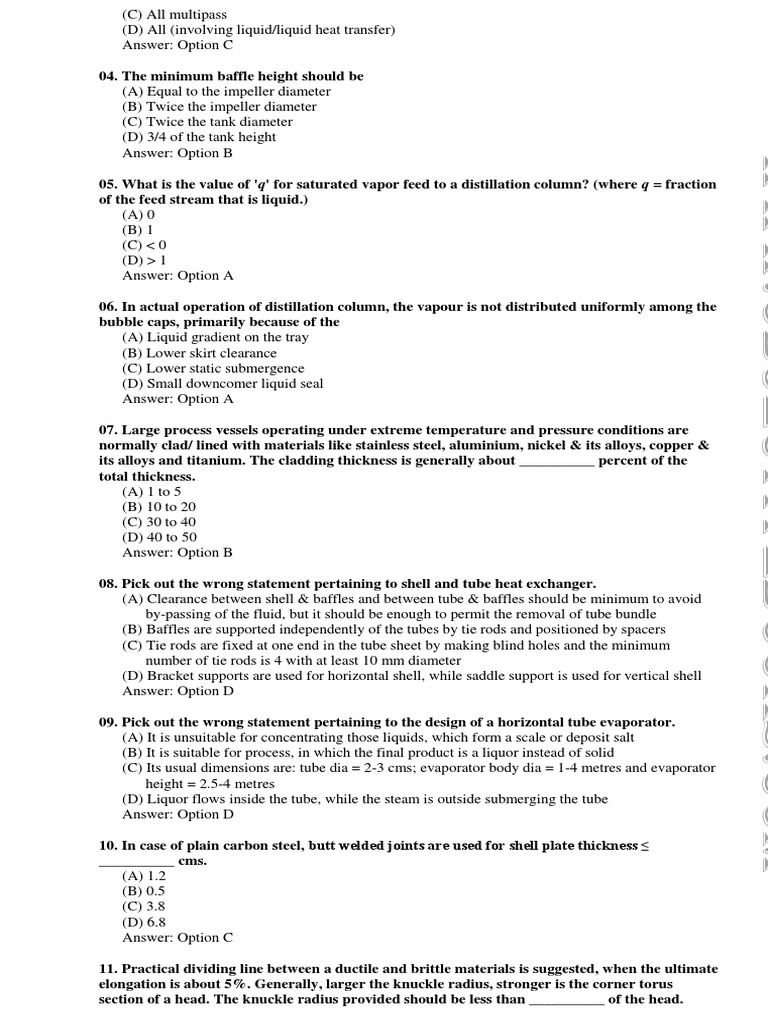 Process Equipment and Plant Design MCQs PDF | PDF | Distillation ...