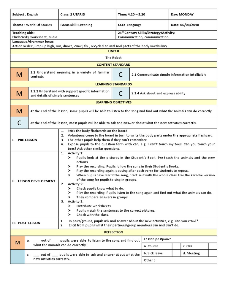 Example Lesson Plan English Year 2 (CEFR) | PDF | English Language ...