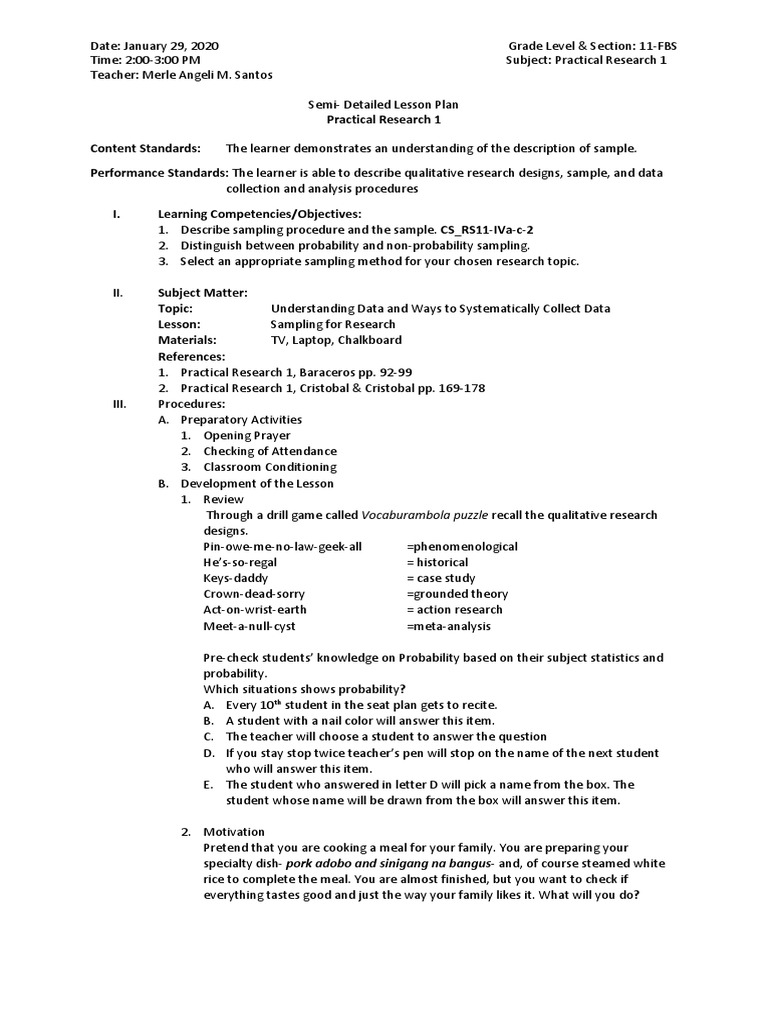 Sampling | PDF | Sampling (Statistics) | Lesson Plan