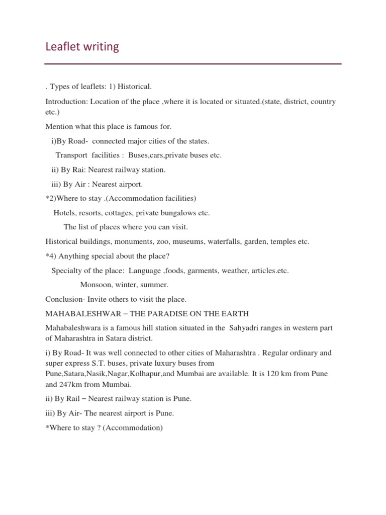 Leaflet Writing | PDF | Tourism | Hotel And Accommodation