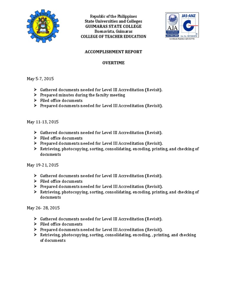 Accomplishment Report Overtime Revisit | PDF | Philippines | Students