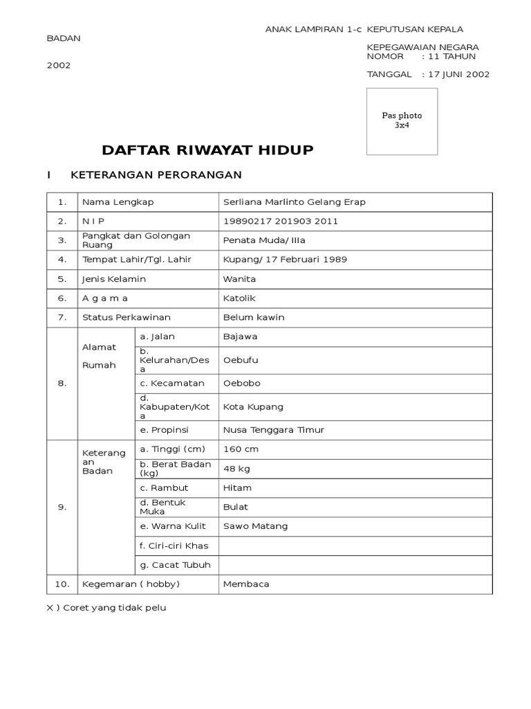 Form Daftar Riwayat Hidup DRH | PDF