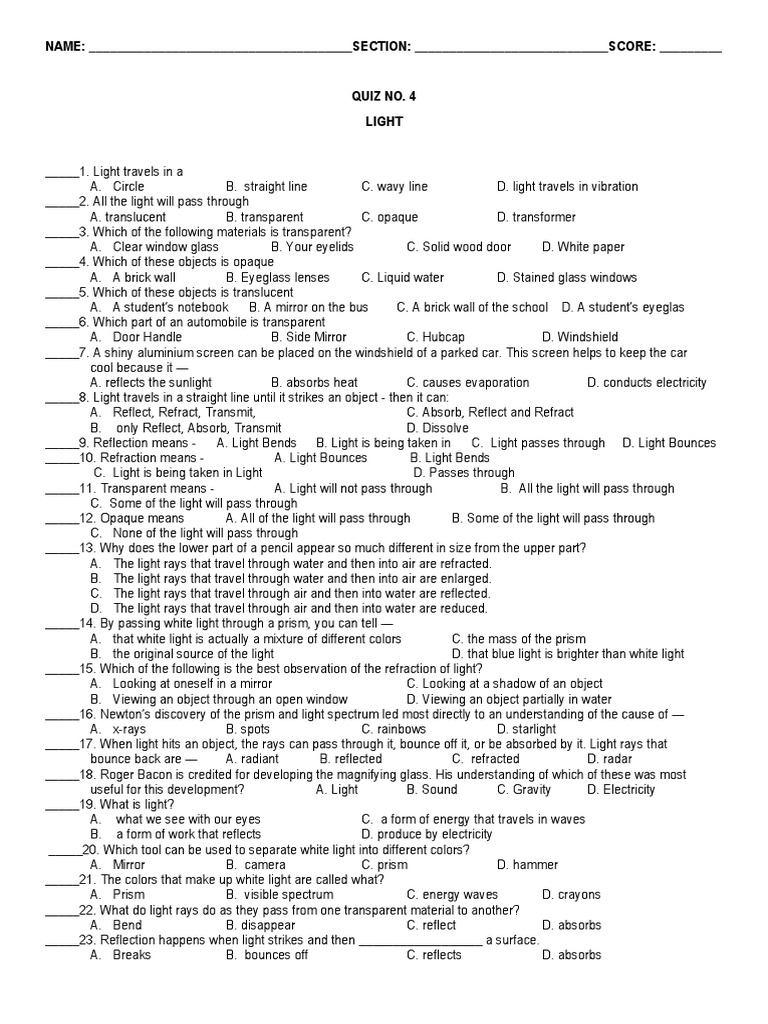 Light Quiz | PDF | Light | Electromagnetic Spectrum