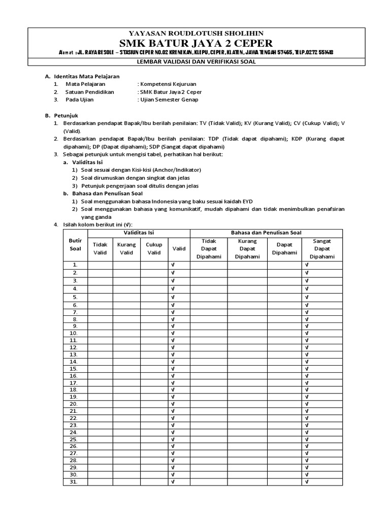 Lembar Verifikasi Dan Validasi Soal | PDF Lembar Verifikasi Dan Validasi Soal | PDF