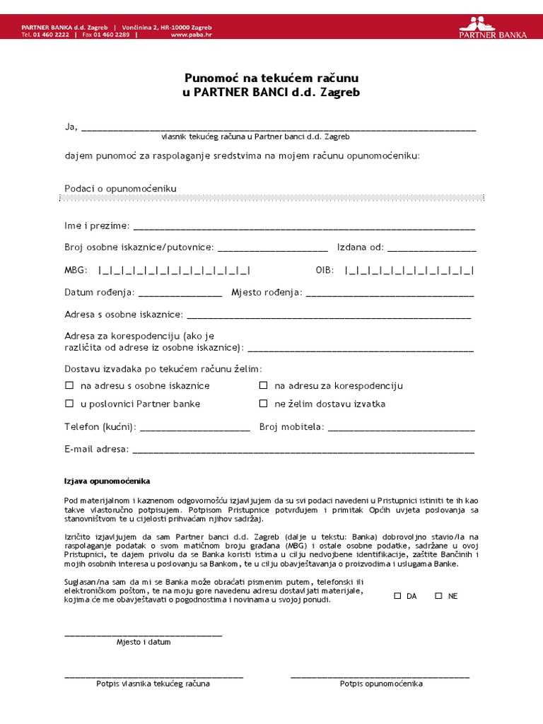 Punomoc Tekuci Racun | PDF