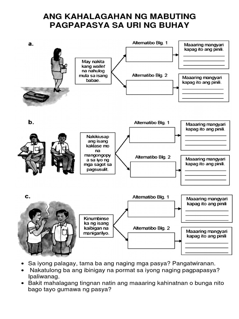 ANG KAHALAGAHAN NG MABUTING PAGPAPASYA SA URI NG BUHAY Worksheet | PDF