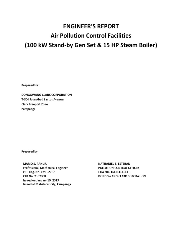 ENGINEER'S Report For Generator Set of Laundry | PDF | Air Pollution ...
