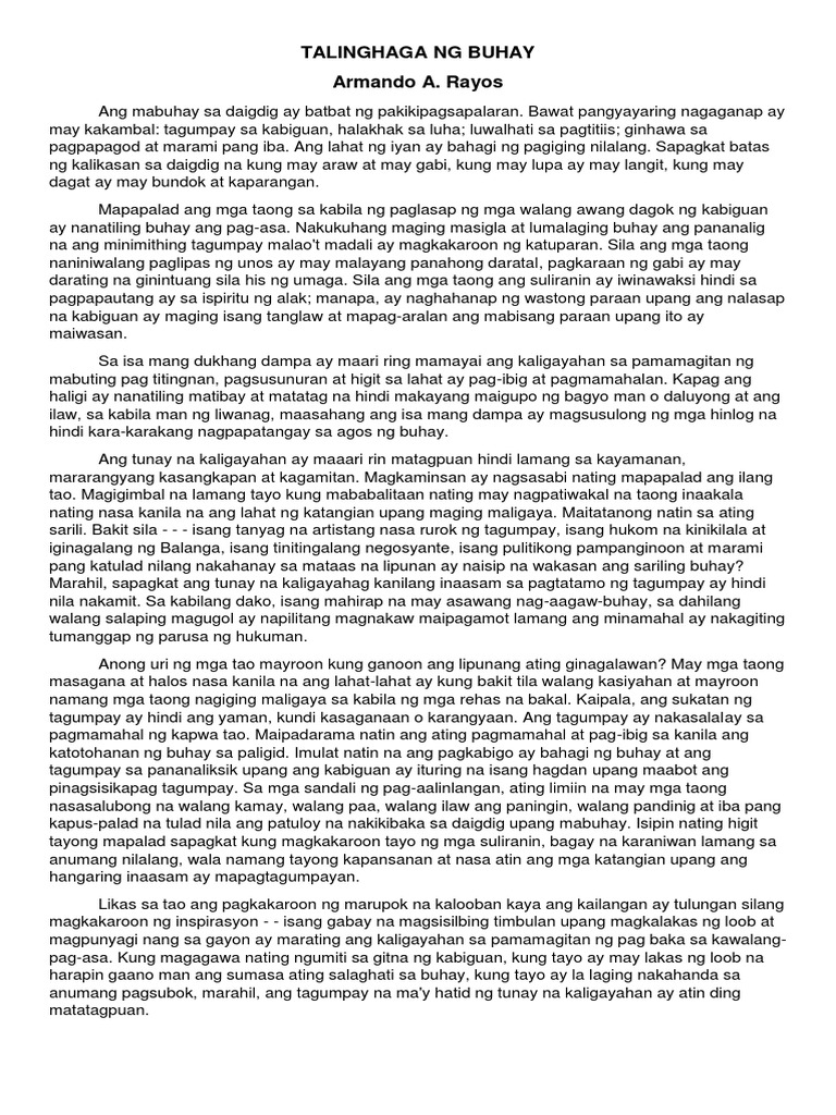 TALINGHAGA NG BUHAY Dhianne Filipino 2 | PDF