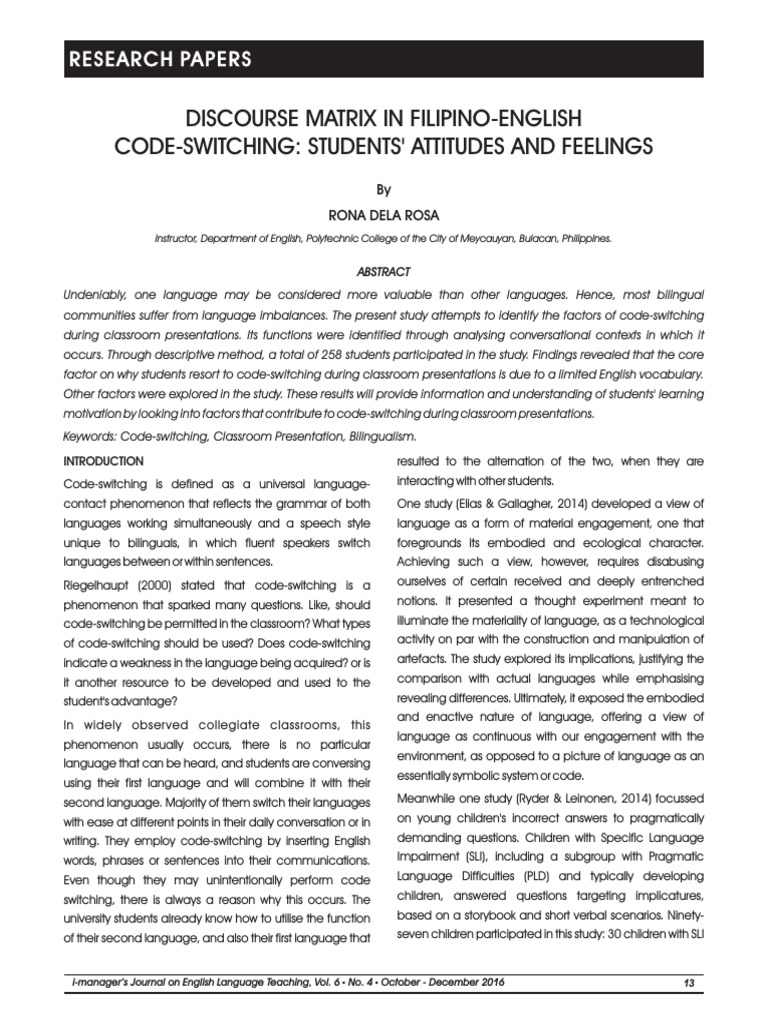 Code-Switching in Filipino Classrooms | PDF | Multilingualism | Language Education