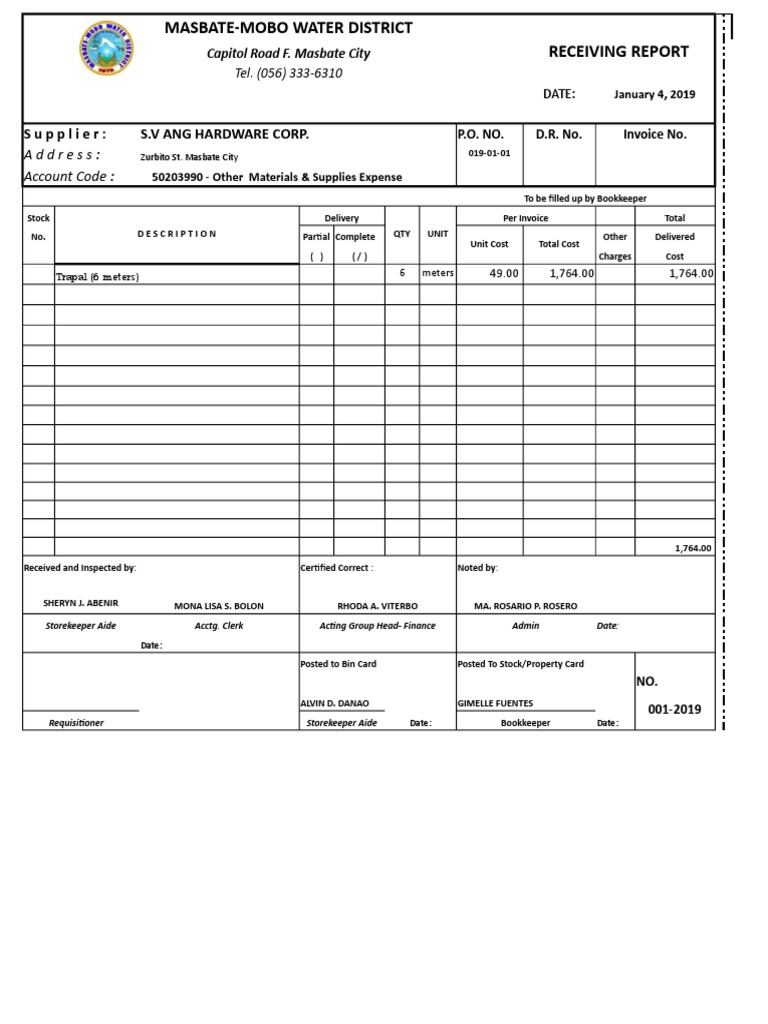 Receiving Report 2019 Final4 | PDF | Bookkeeping | Inventory