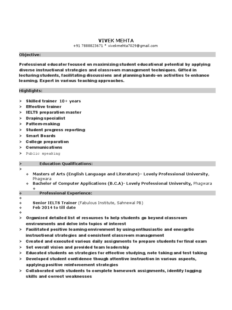 Updated Vivek's - CV | PDF | Classroom Management | Lesson Plan