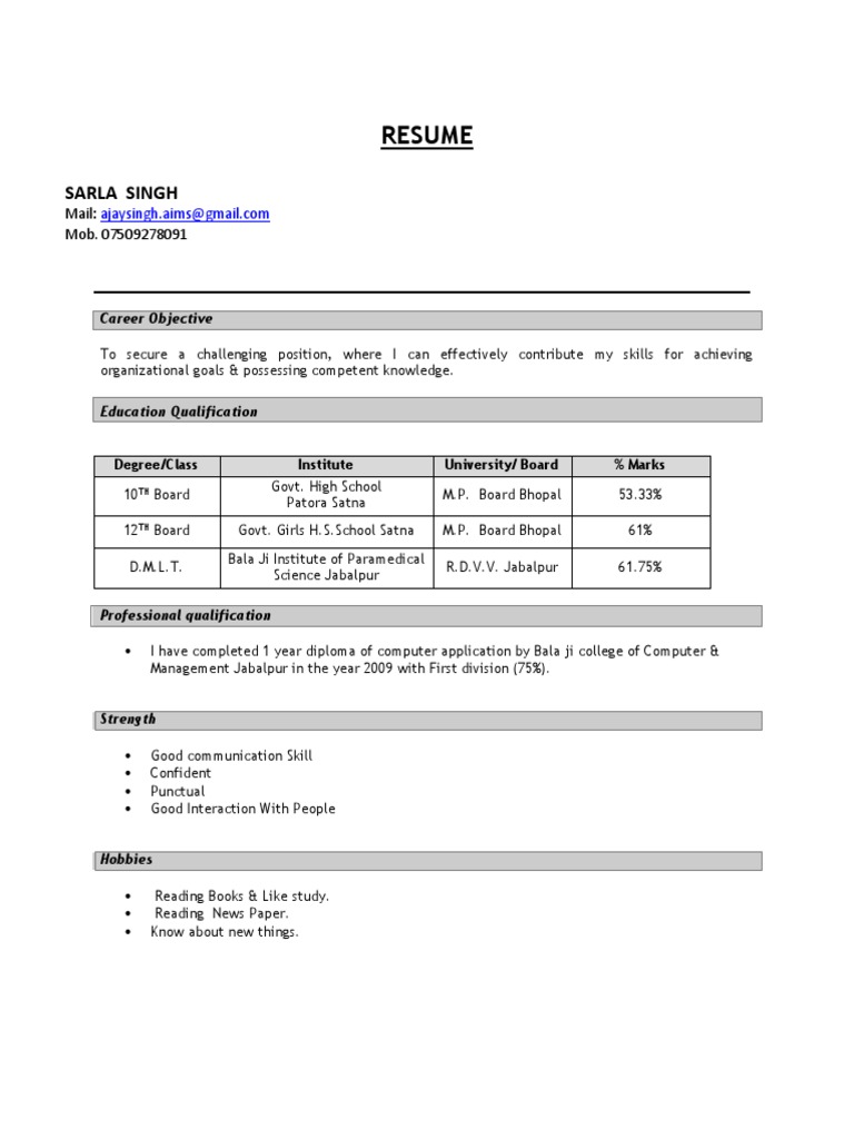 Resume S. DMLT | PDF