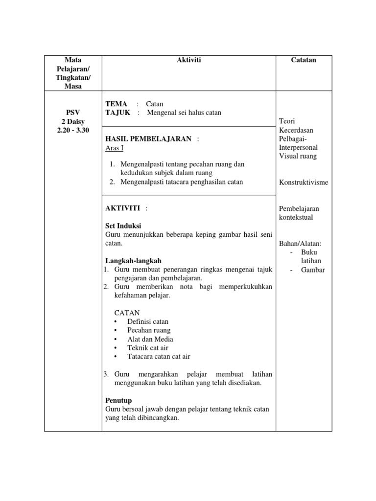 Contoh RPH PSV Tingkatan 1 | PDF