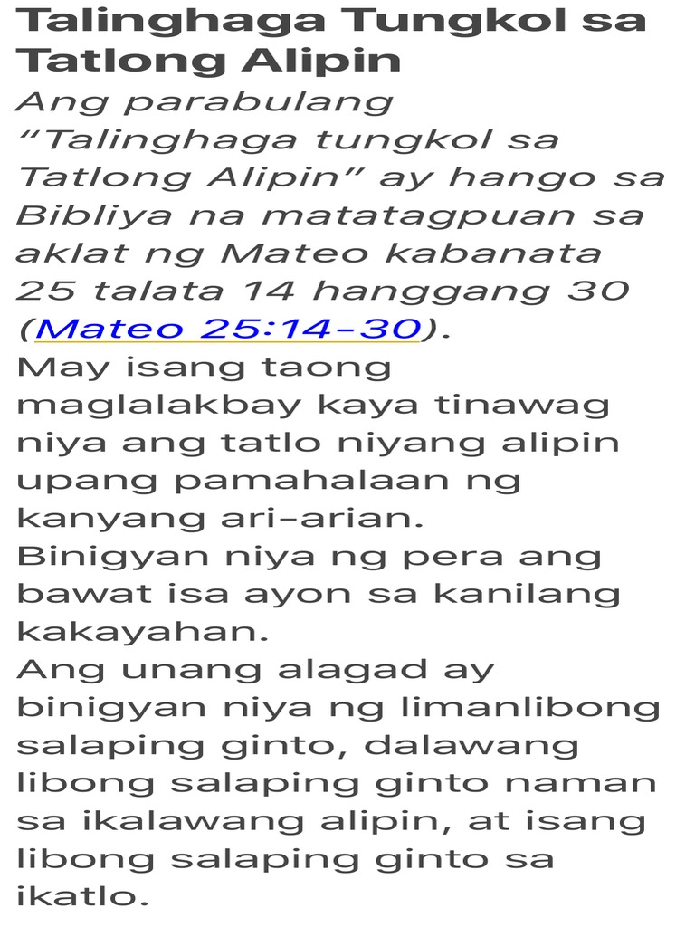 Talinghaga Tungkol Sa Tatlong Alipin | PDF