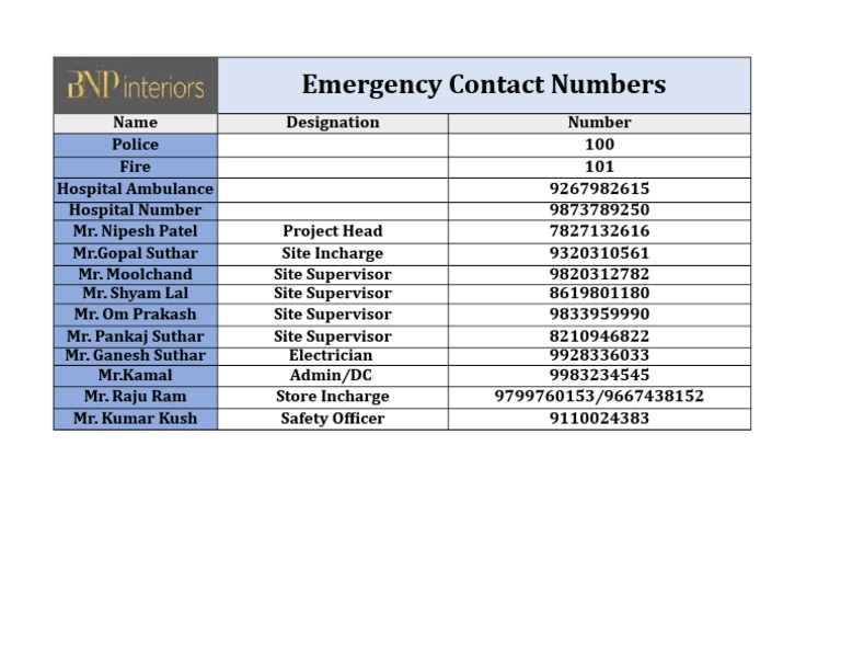 Emergency Contact Numbers Book1 | PDF