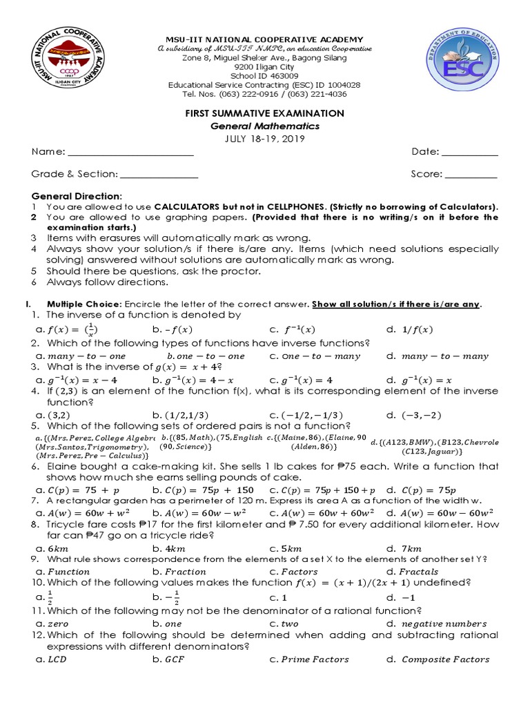General Mathematics First Summative Examination | PDF | Function ...