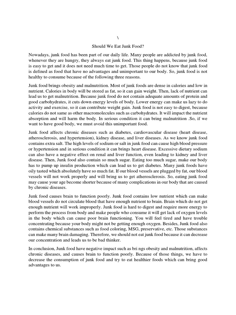 Essay - Should We Eat Junk Food | PDF | Junk Food | Foods