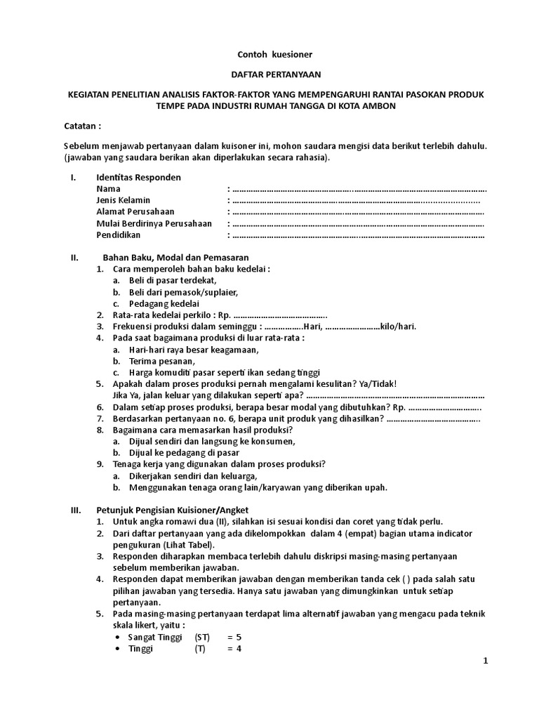 Contoh Kuisioner | PDF