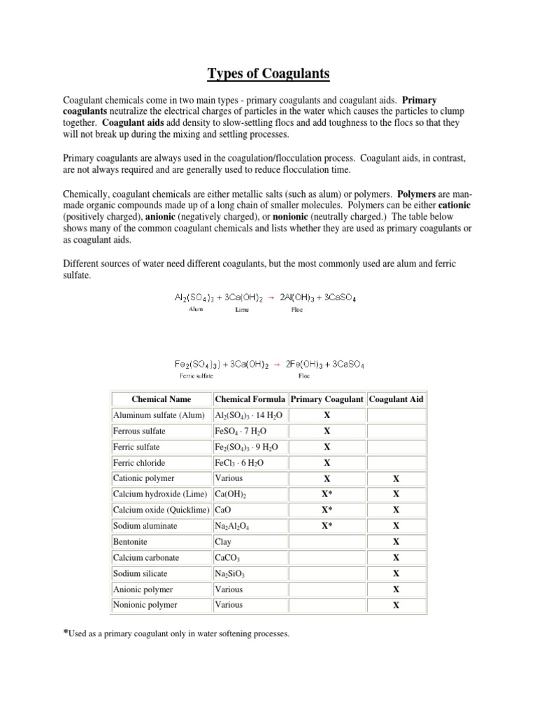 Types of Coagulants | PDF | Chemical Compounds | Materials