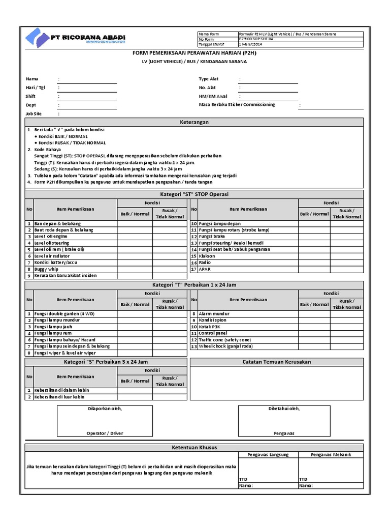 Formulir Pemeriksaan Harian Kendaraan | PDF