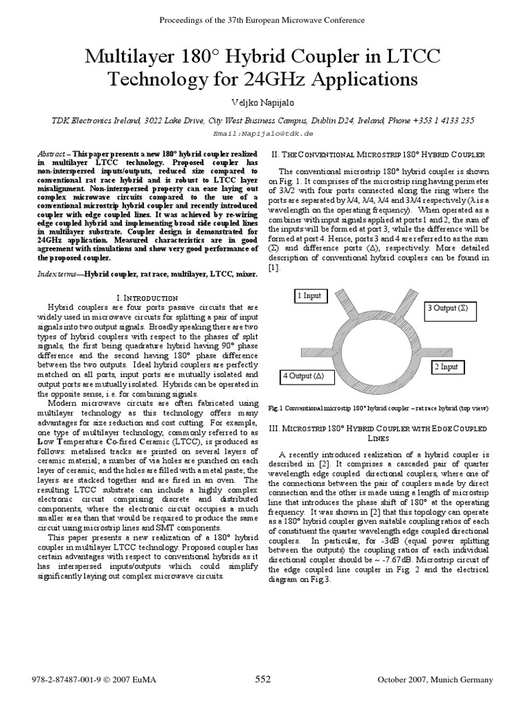 Multilayer 180° Hybrid Coupler in LTCC Technology For 24GHz ...