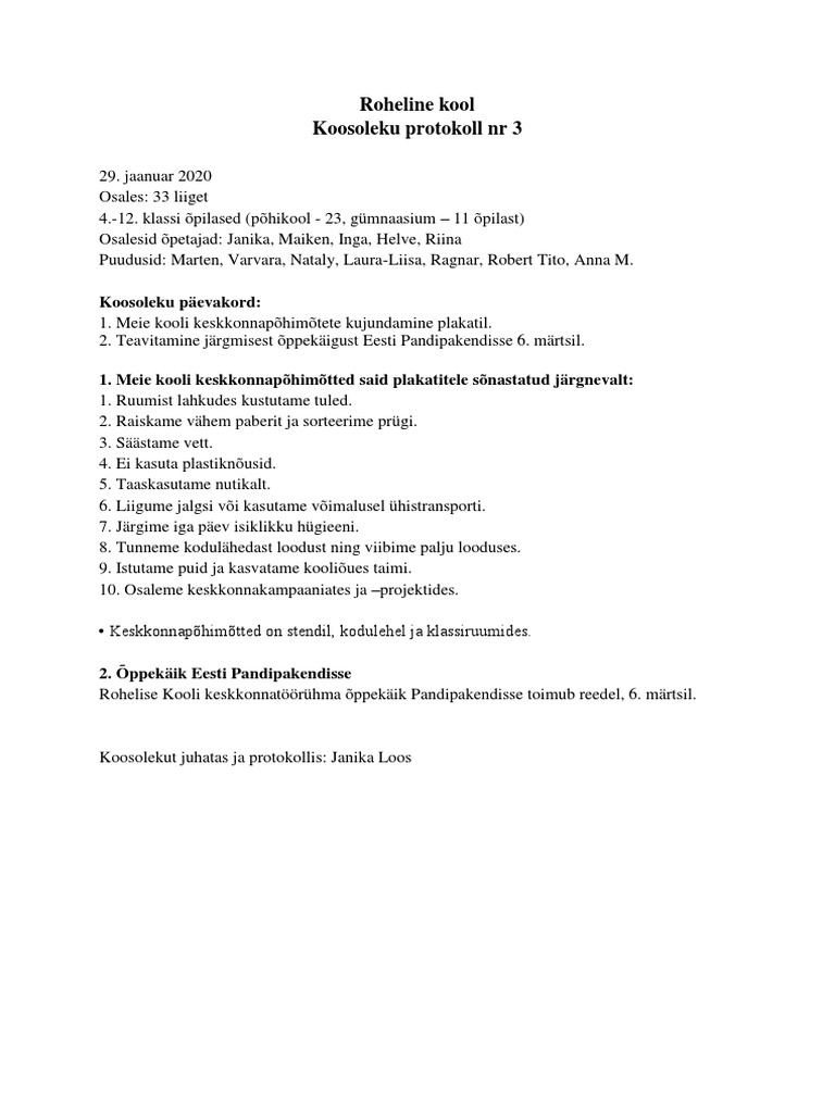Koosoleku Protokoll NR 3 Jaan 2020 | PDF