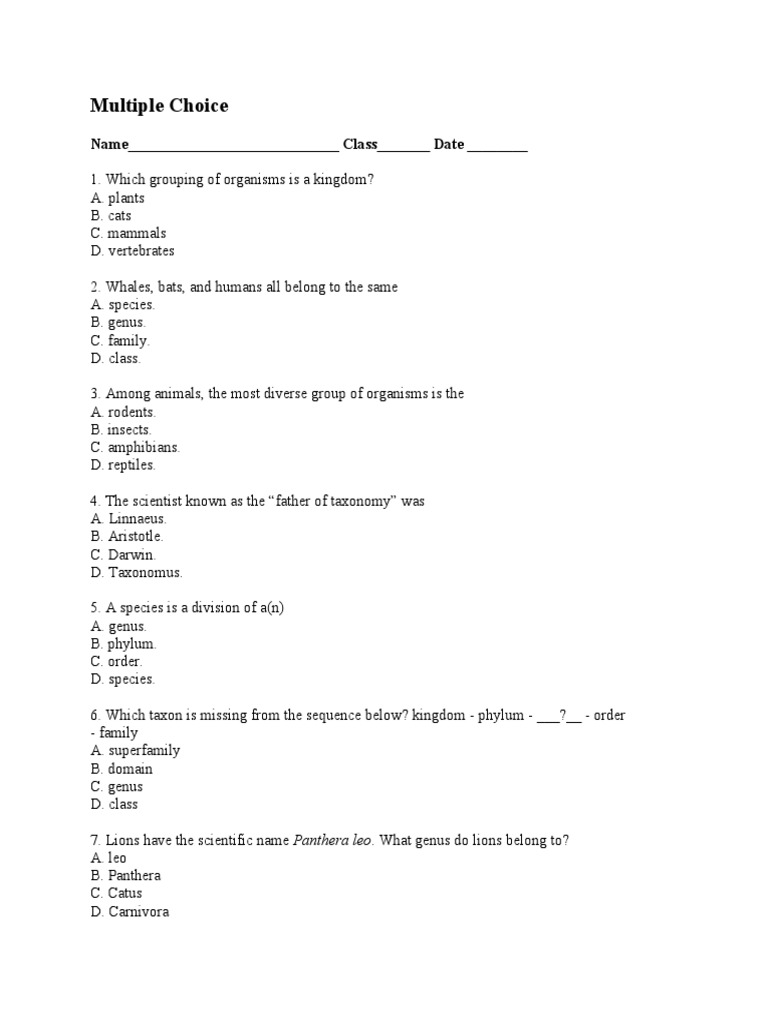Kingdoms and Taxonomy Quiz | PDF