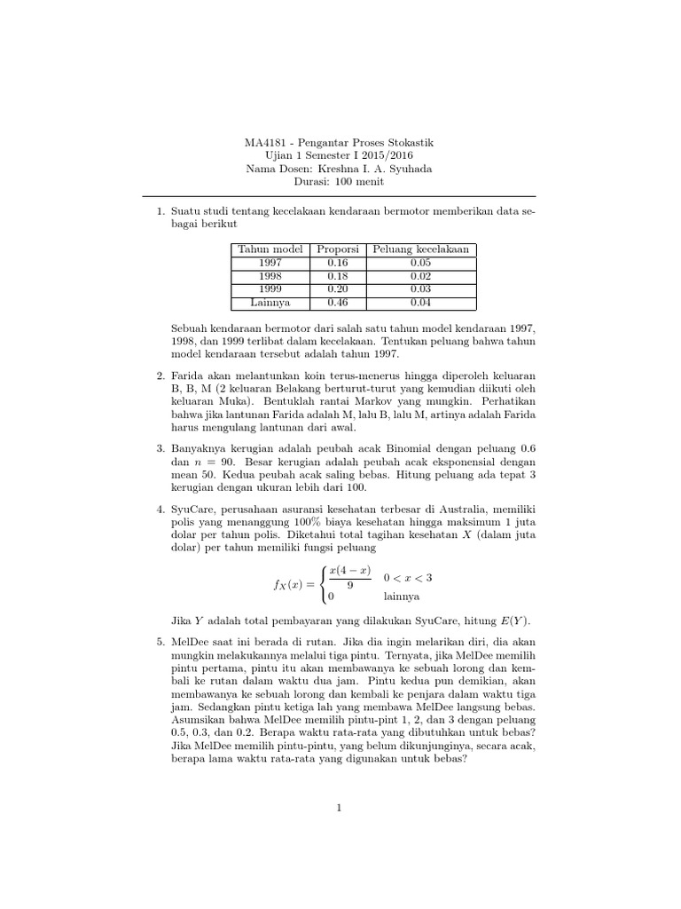 Ujian 1 Pengantar Proses Stokastik | PDF