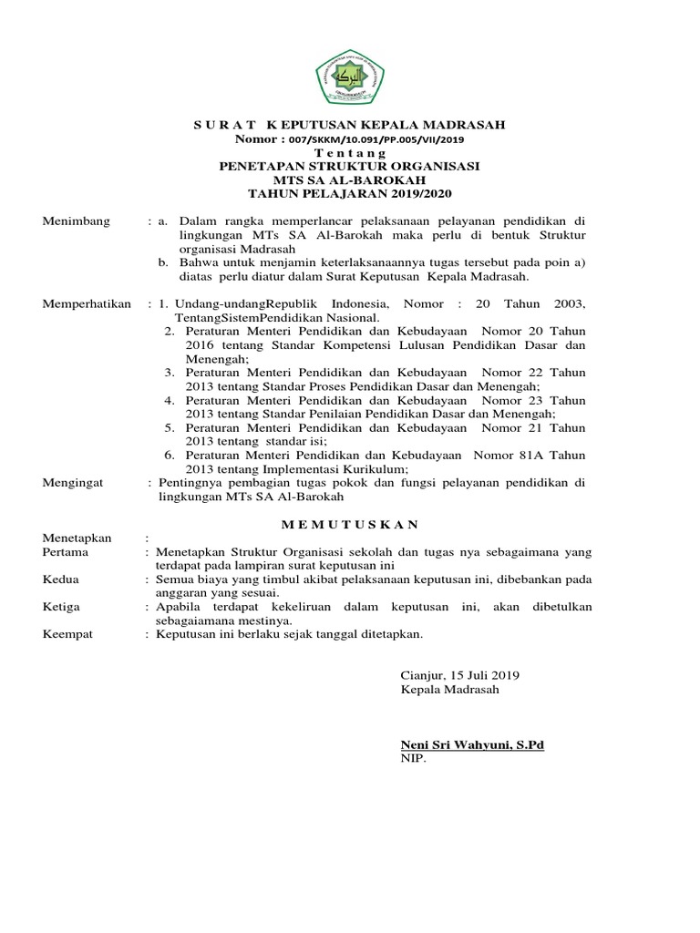 Surat Keputusan Penetapan Struktur Pelaksana Organisasi Sekolah | PDF