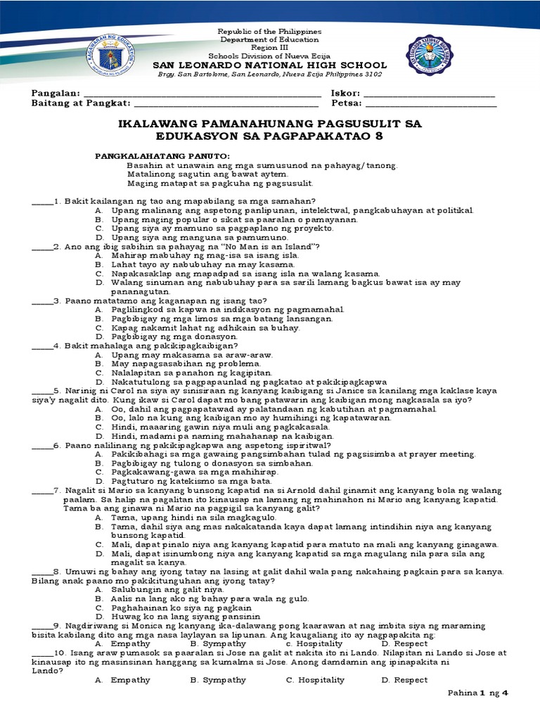 Esp 8 2ND Quarterly Exam | PDF