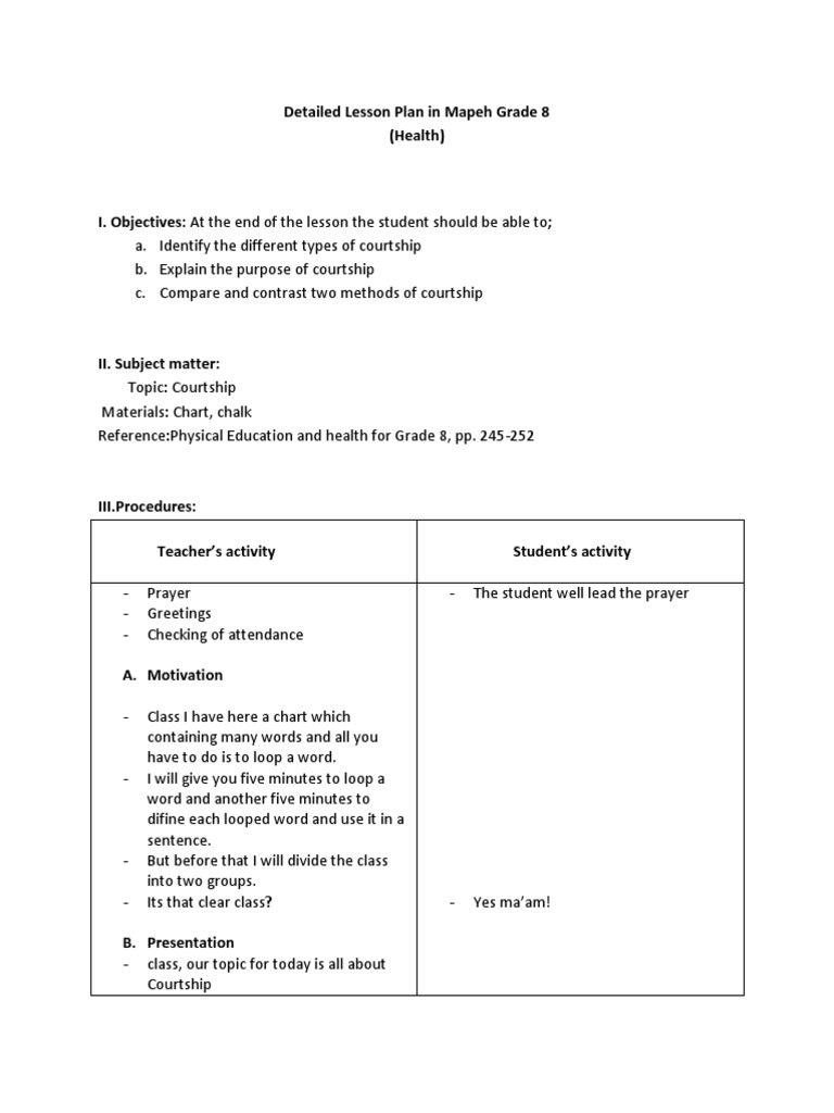 Detailed Lesson Plan in Mapeh Grade 8 B | PDF | Courtship | Passion ...