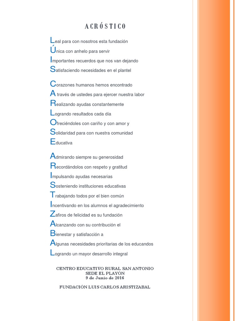 Acrostico Fundacion | PDF | Relaciones personales, crianza y desarrollo ...