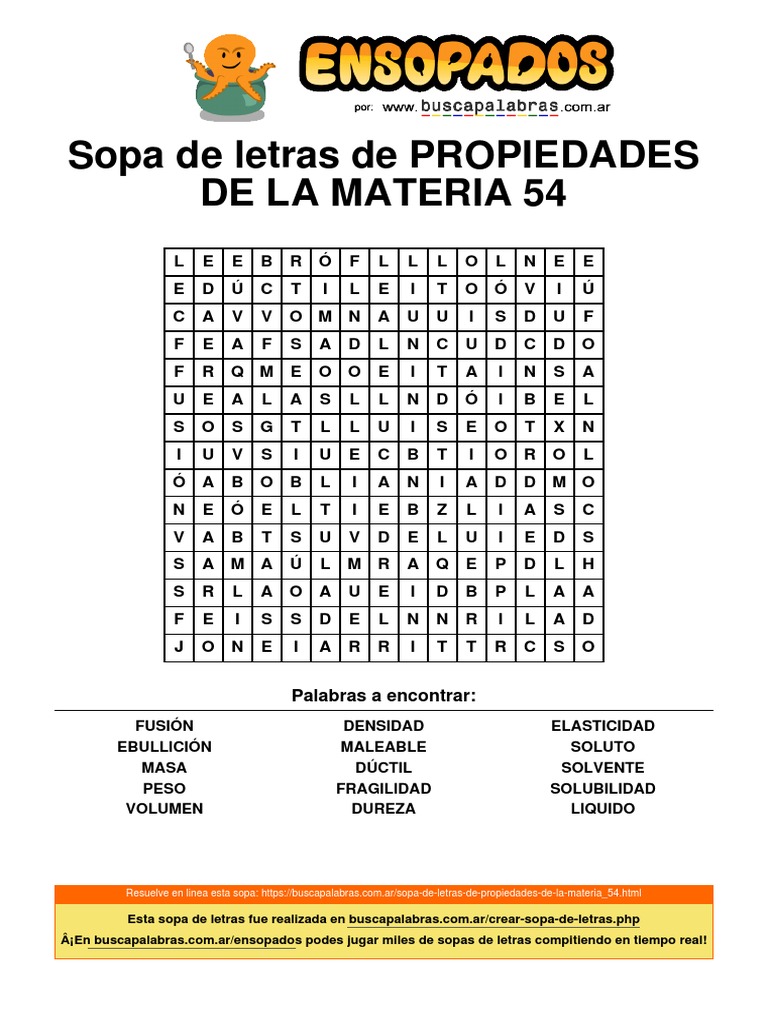 Sopa de Letras de Propiedades de La Materia - 54 | PDF | Sustancias ...