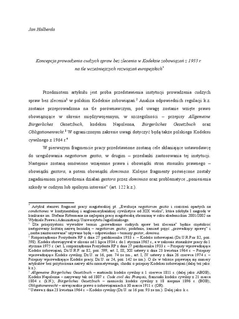 Jan Halberda, Prowadzenie Cudzych Spraw Bez Zlecenia | PDF