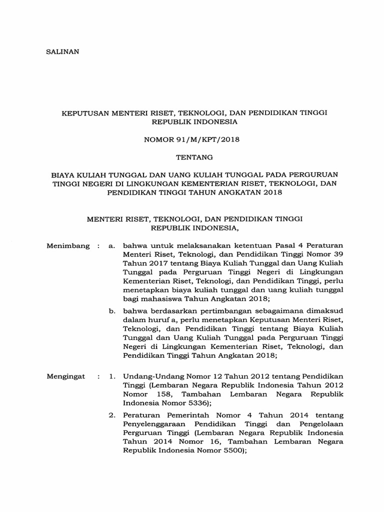 KEPMEN - 91 - 2018 - BKT UKT 2018 - Unsri PDF | PDF