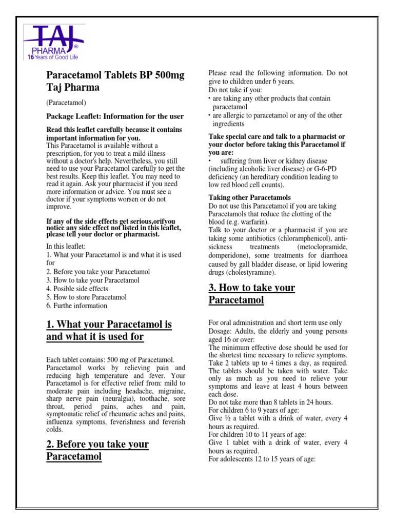 Paracetamol Tablets PIL Taj Pharmaceuticals | PDF
