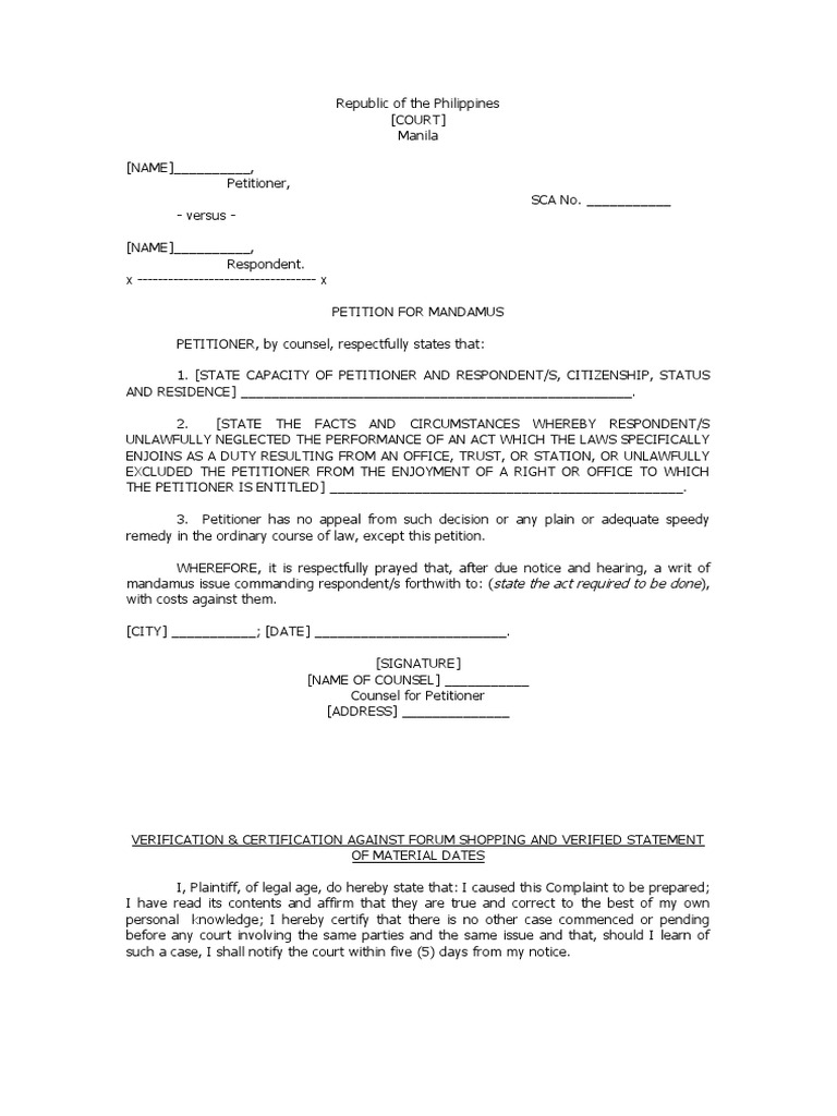 Petition For Mandamus | PDF | Mandamus | Legal Procedure