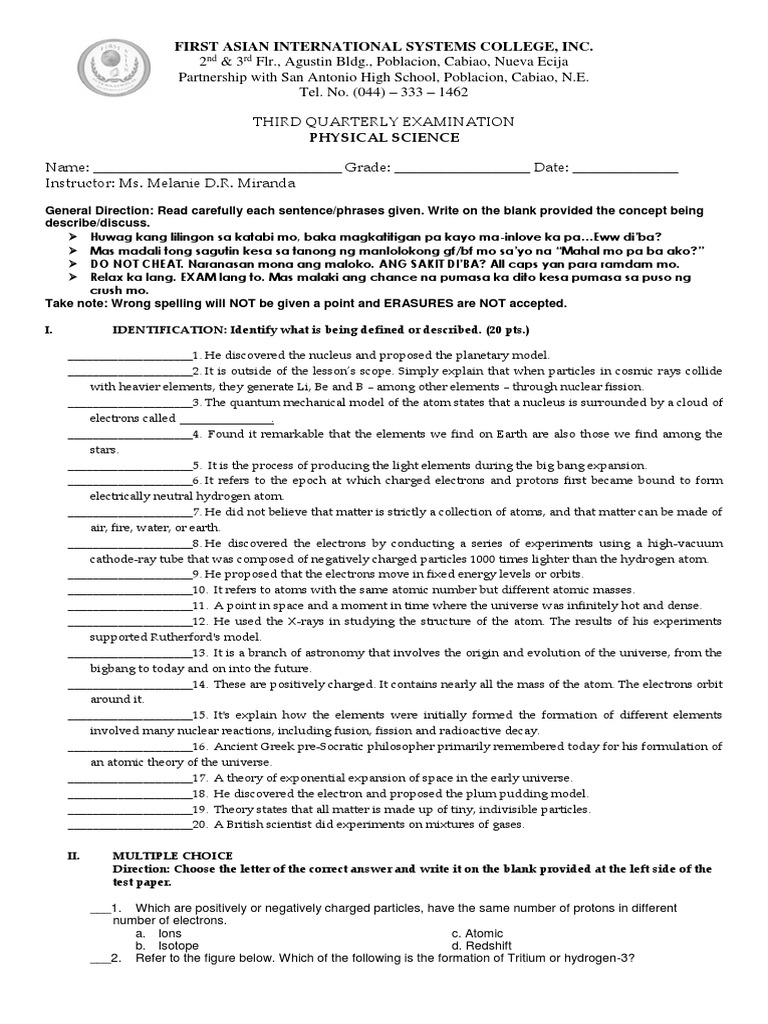 Grade 11 Physical Science Exam Q3 | PDF | Atoms | Electron