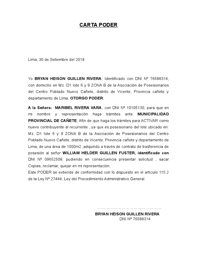 CARTA PODER Maribel - Bryan | PDF