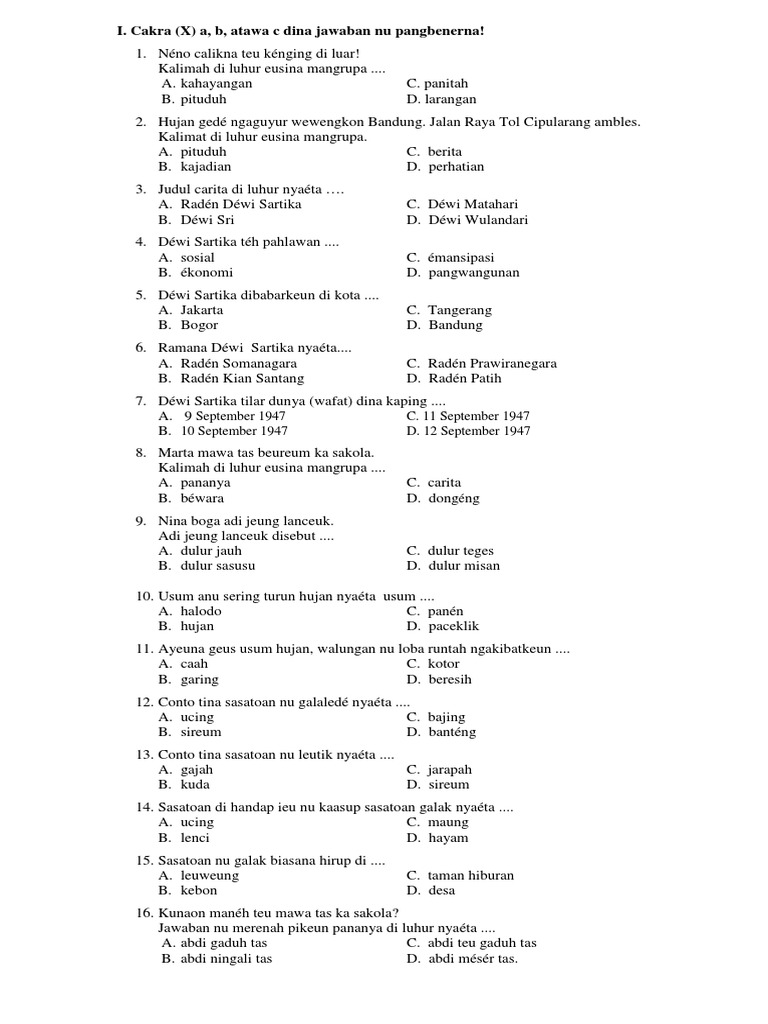 Latihan Soal Basa Sunda Kelas 3 PAS 1 1920 | PDF