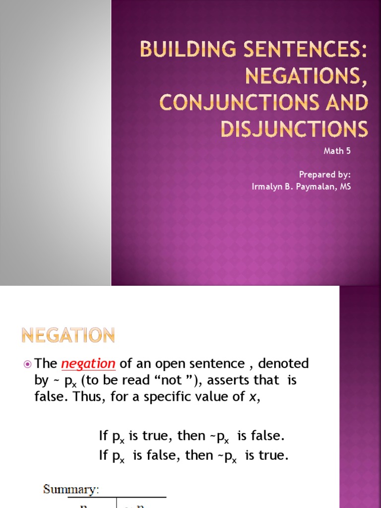 Building Sentences, Negation, Conjunction and Disjunction | PDF ...