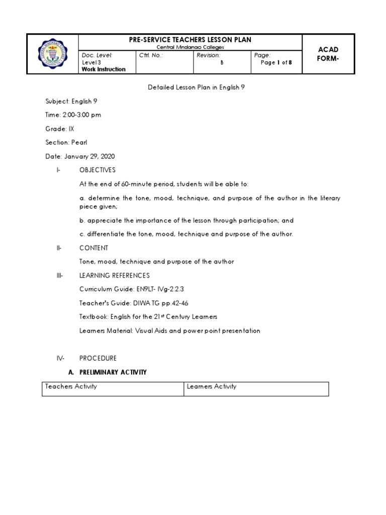 Lesson Plan: Analyzing Tone and Mood | PDF | Lesson Plan