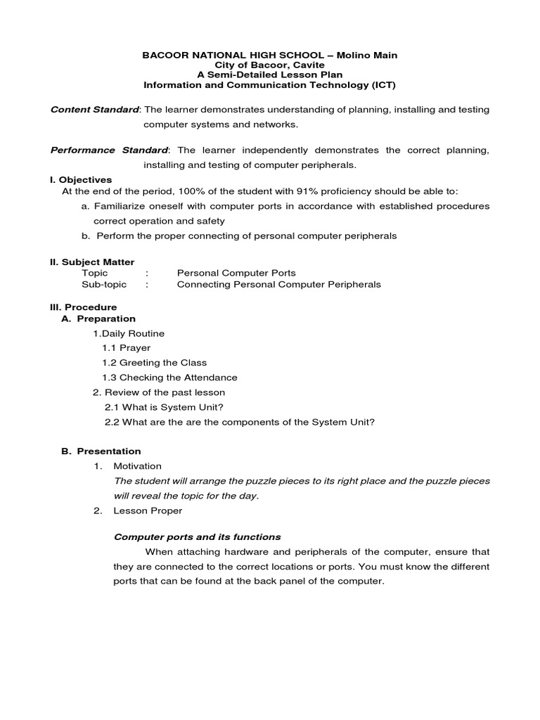 Lesson Plan: Connecting PC Peripherals | PDF | Personal Computers | Usb