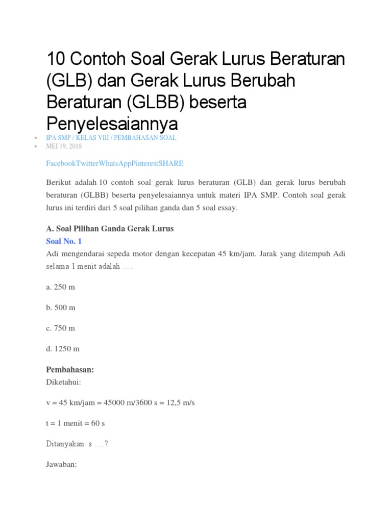 10 Contoh Soal Gerak Lurus Beraturan (GLB) dan Gerak Lurus Berubah ...
