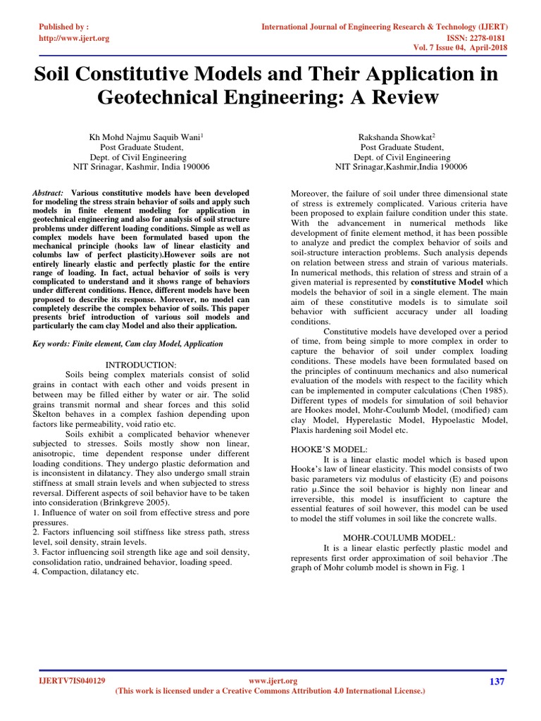 Soil Constitutive Models and Their Application in Geotechnical Engineering A Review ...