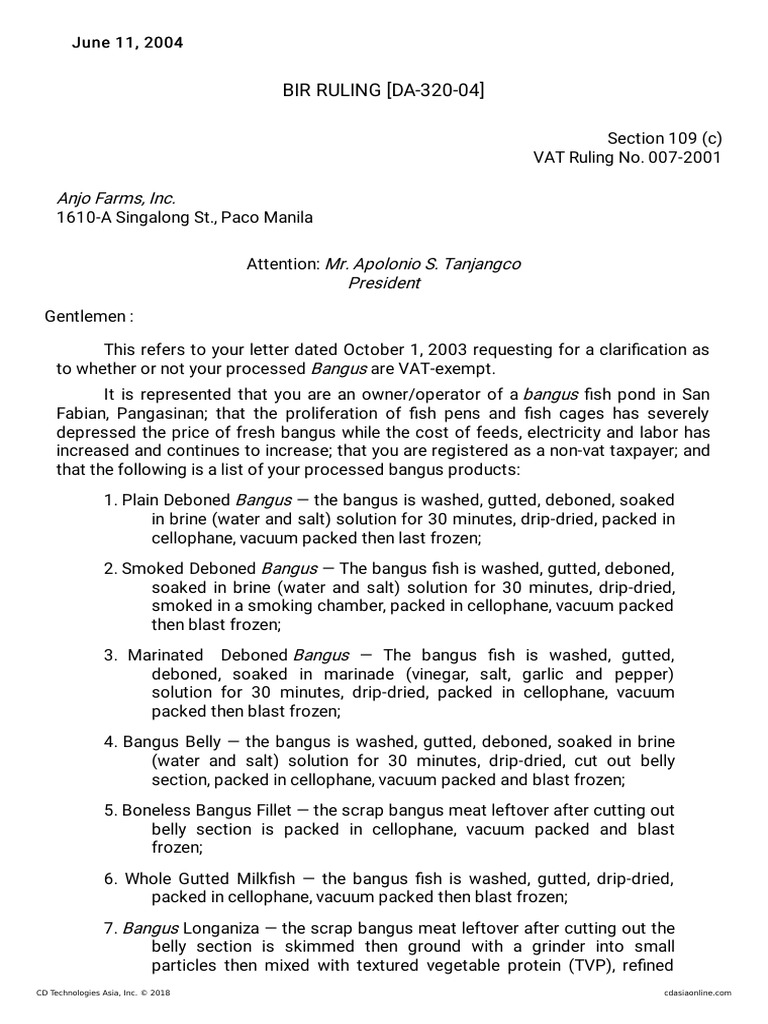 2004 BIR - Ruling - DA 320 04 - 20180419 1159 Ho7dm4 | PDF | Foods ...