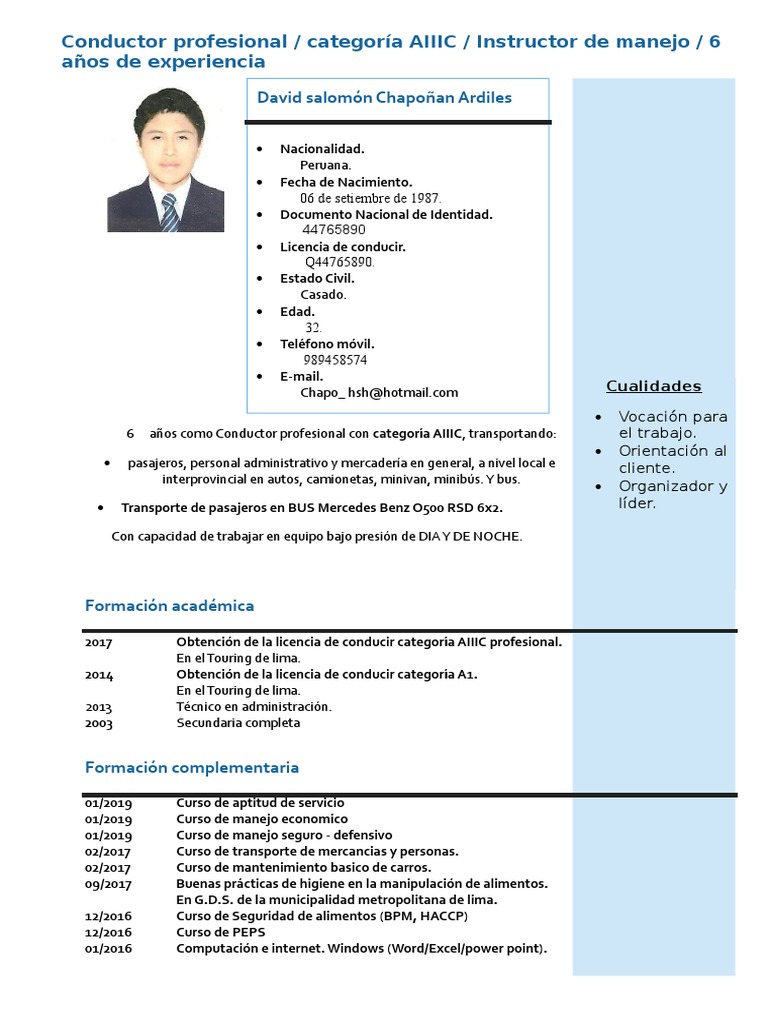 CV. 2019 Conductor Profesional Documentado | PDF | Licencia de conducir ...